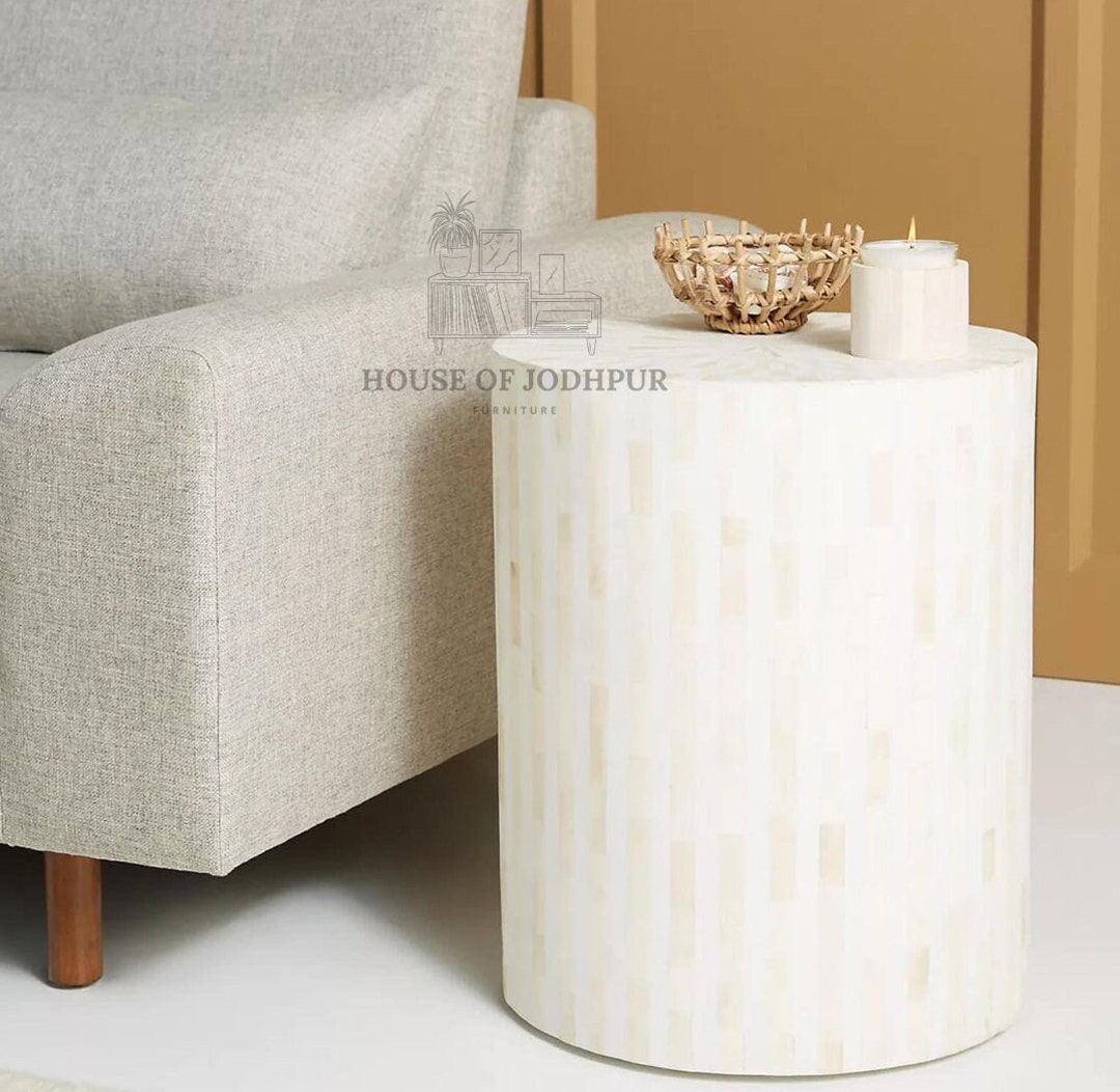 Handmade Bone Inlay Round End Table With Striped Design Off-white, Bone ...