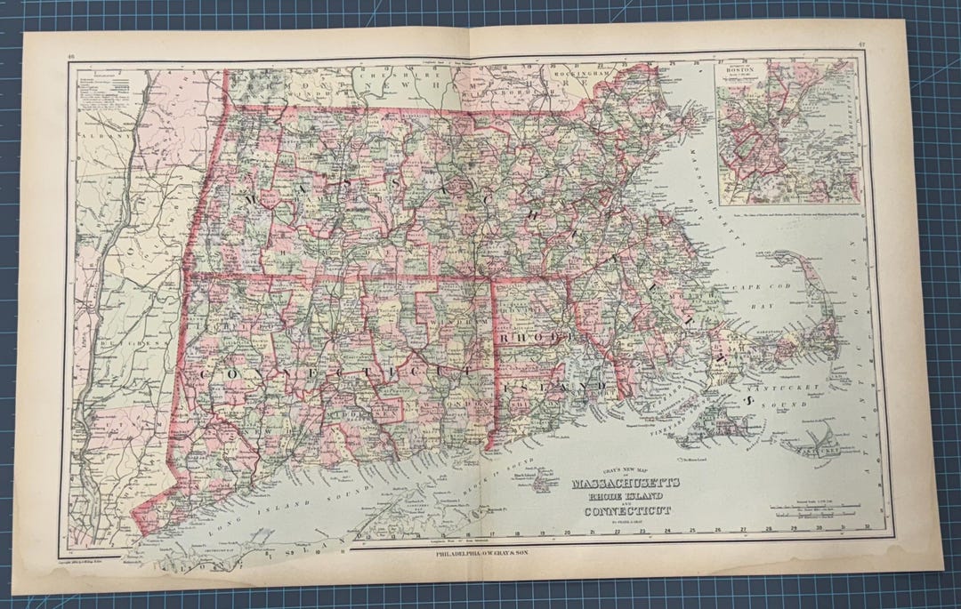 1889 Victorian Atlas Map of Massachusetts, Rhode Island, Connecticut - Etsy