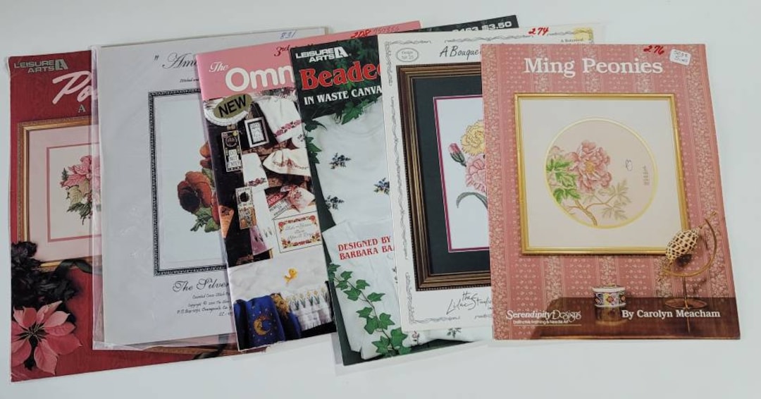Lot of 6 Vintage Cross Stitch Chart Patterns Books Peonies Poinsettias ...