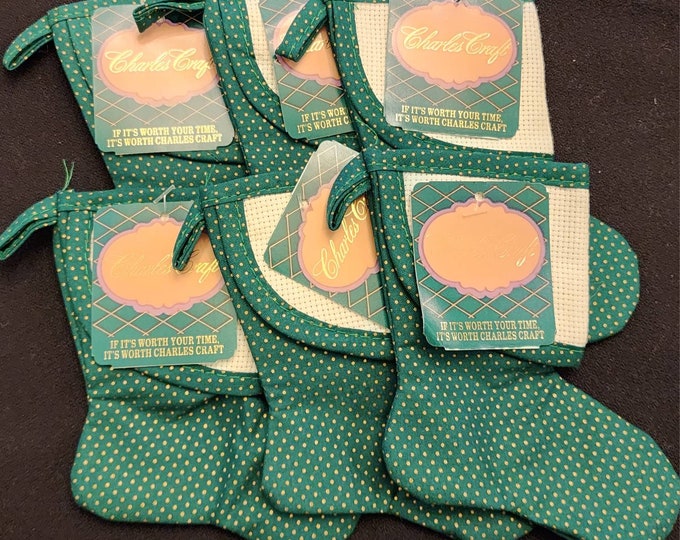 NOS Set of 6 Cross Stitch Charles Craft Stocking Ornament Green Pin Dot ...