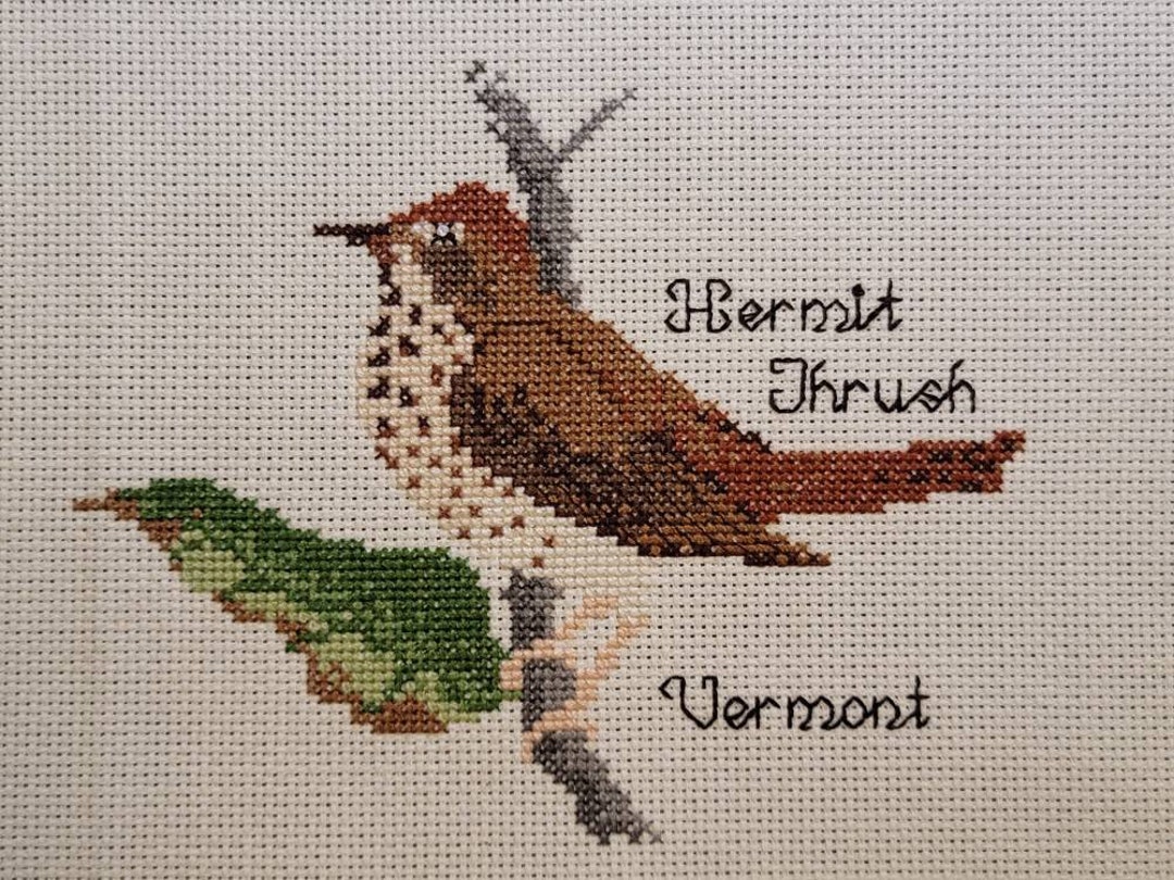 Vintage Hermit Thrush Vermont State Bird Hand Embroidered Cross Stitch ...