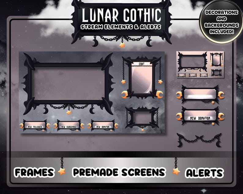 Lunar Gothic Stream Elements and Alerts / Stream and Webcam Frames, Premade Screens, Alerts ...