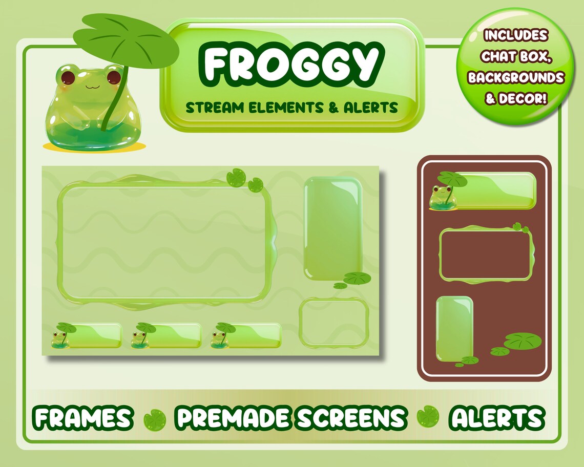 Frog Overlay Set / Cute Green Froggy Stream Elements & Alerts / Rainy ...
