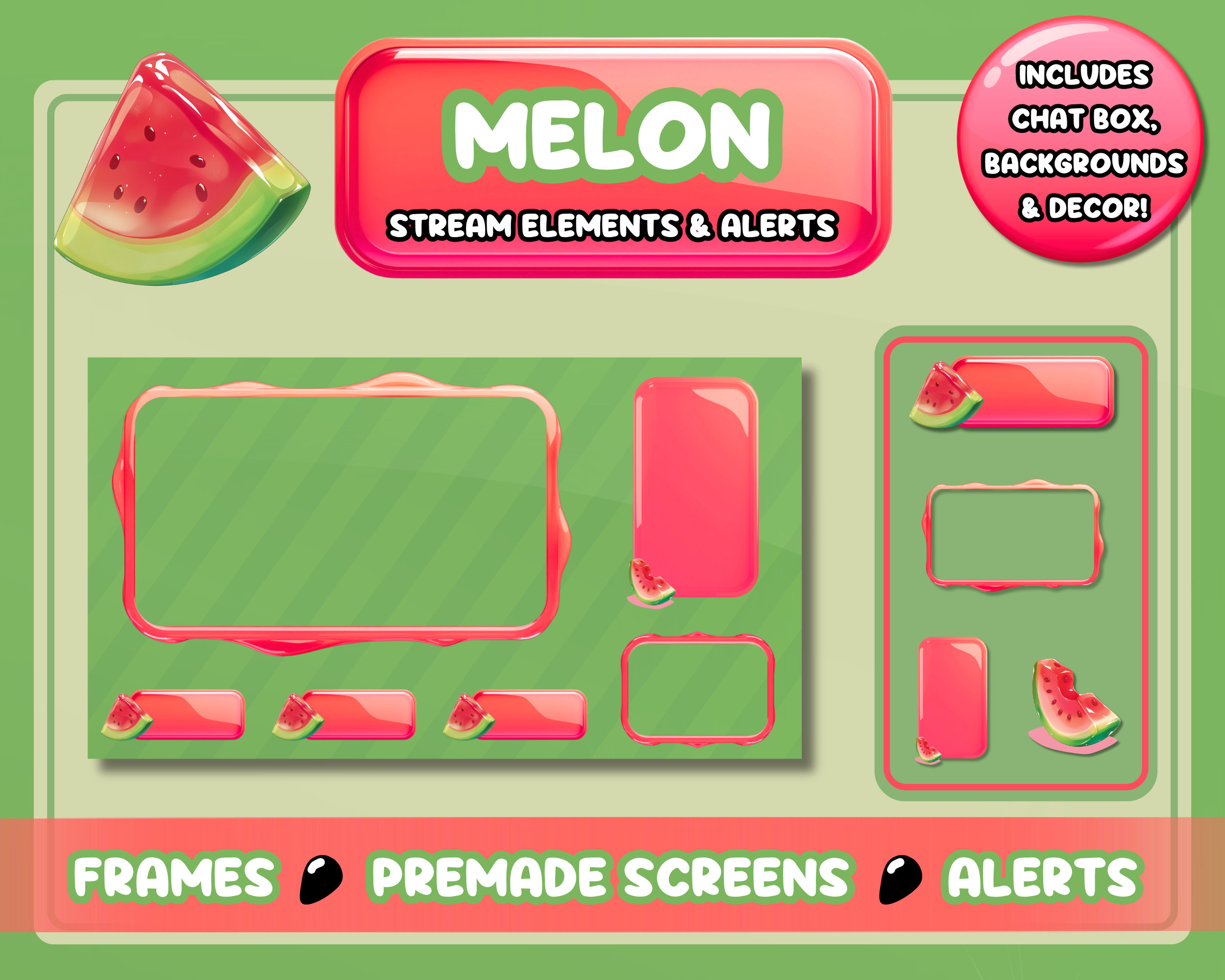 Juicy Watermelon Overlay Set / Cute Melon Vibe Stream Elements & Alerts ...