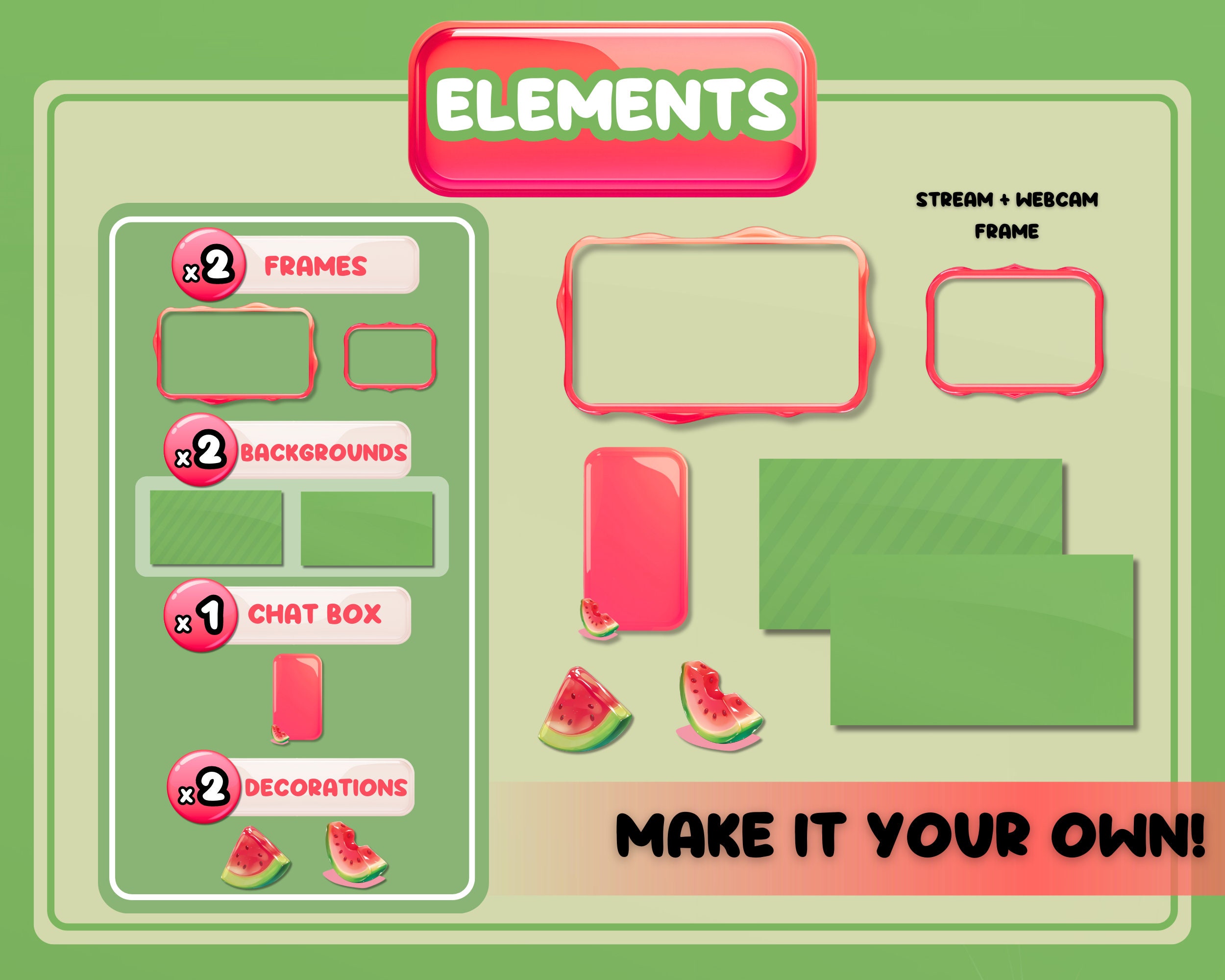 Juicy Watermelon Overlay Set / Cute Melon Vibe Stream Elements & Alerts ...