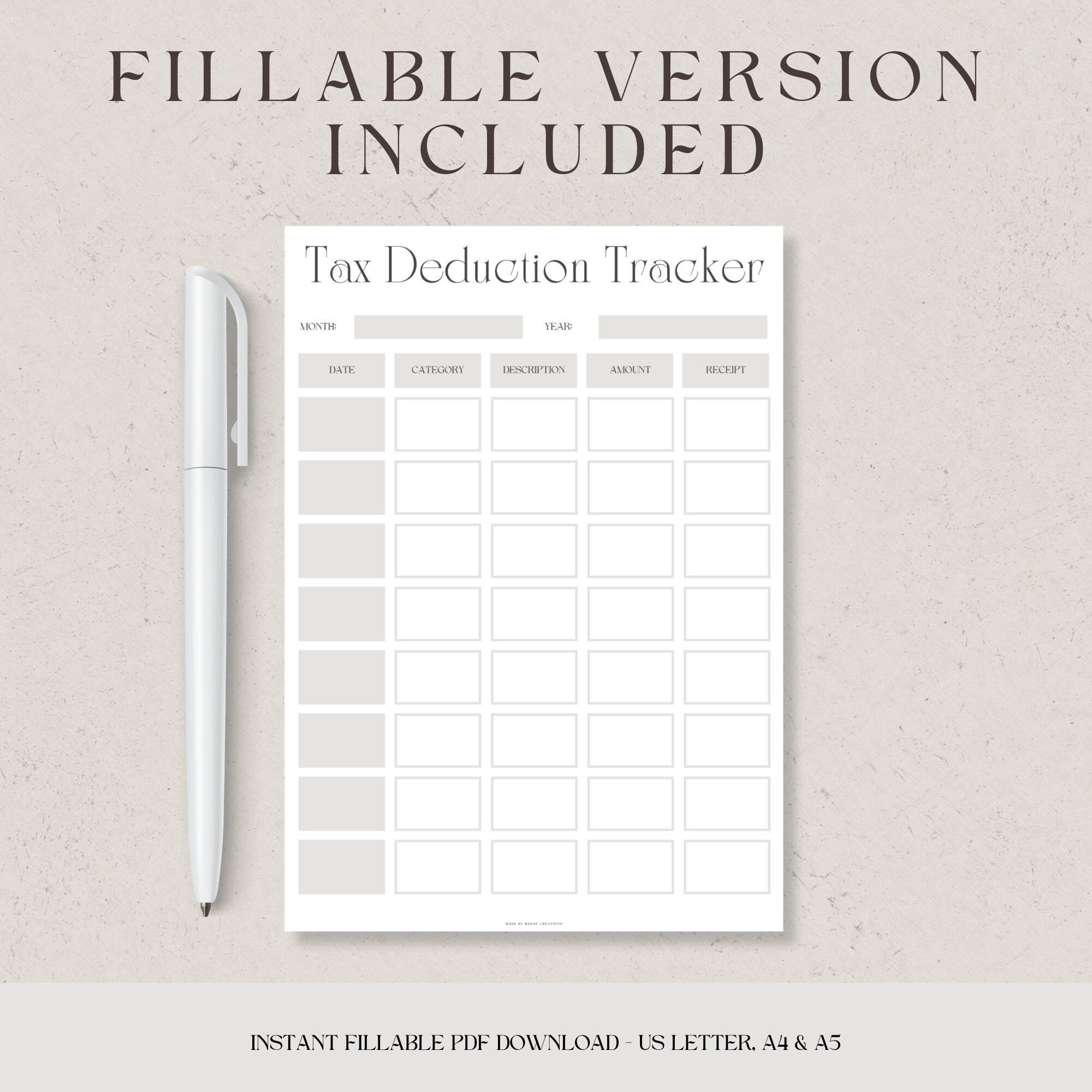 Tax Deduction Tracker Printable Business Tax Log Tax Organizer Budget ...