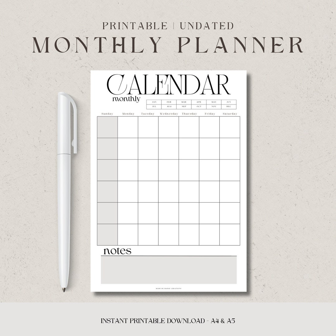 Monthly Planner Printable | Undated Monthly Planner | Calendar Month ...