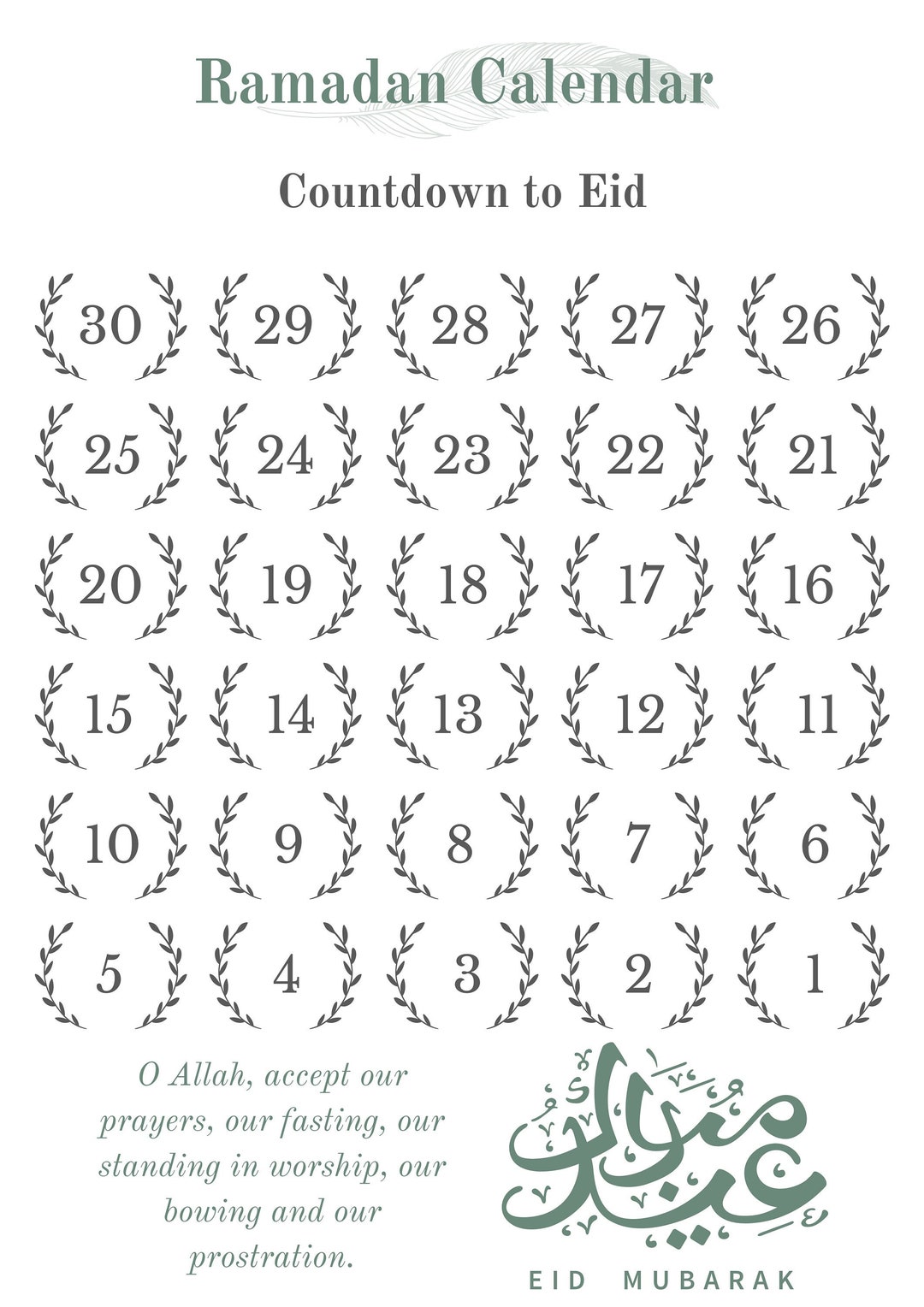 Ramadan Calendar Countdown to Eid Printable | Islamic Calendar | Eid ...