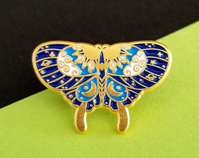Moth Enamel Pin, Lunar Moth Enamel Pins, Blue Lapel Pins Moth, Moon ...