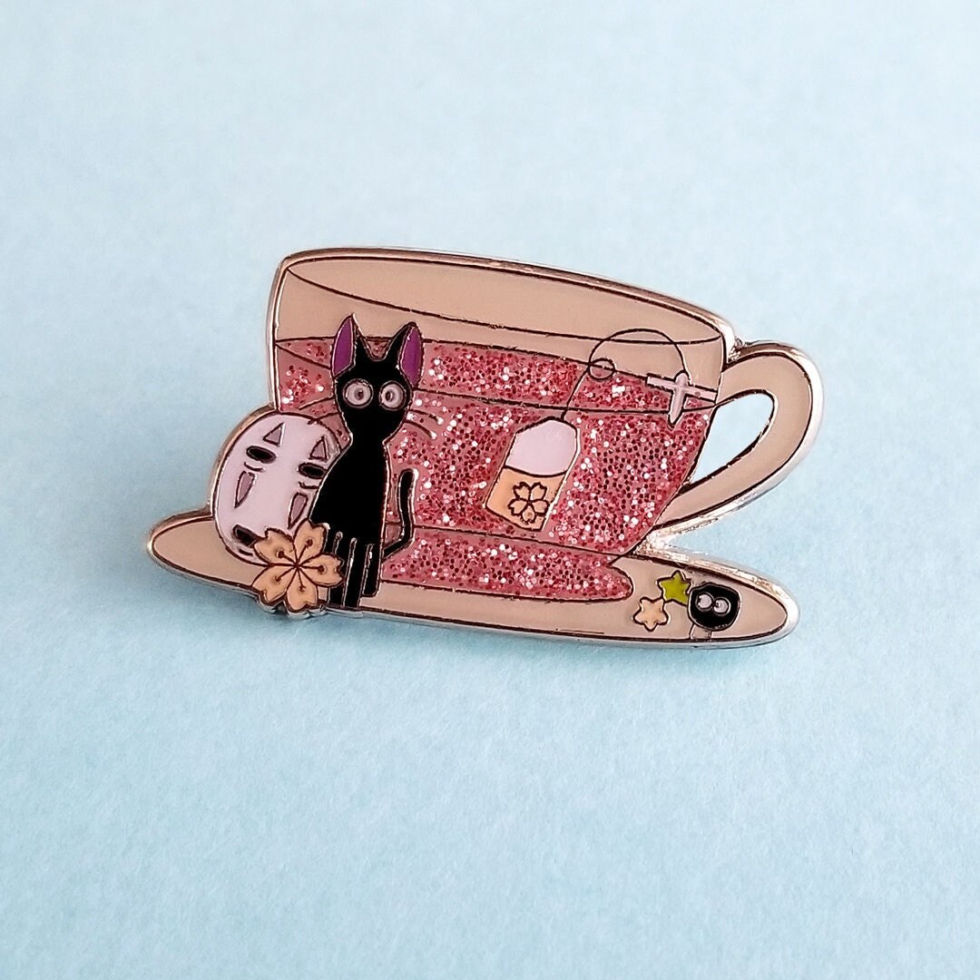 Cat and Tea Enamel Pin, Tea and Black Cat Lovers Gift, Tea Cups Enamel ...