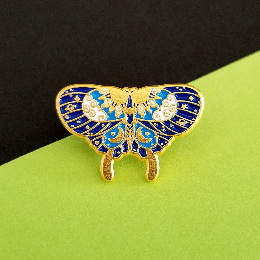 Moth Enamel Pin, Lunar Moth Enamel Pins, Blue Lapel Pins Moth, Moon ...