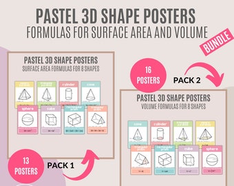 VOLUME and SURFACE AREA Formulas Posters Set, Geometry, 3D Shapes ...