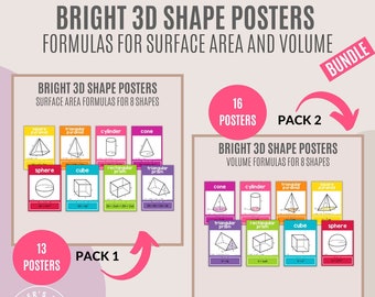 VOLUME and SURFACE AREA Formulas Posters Set, Geometry, 3D Shapes ...