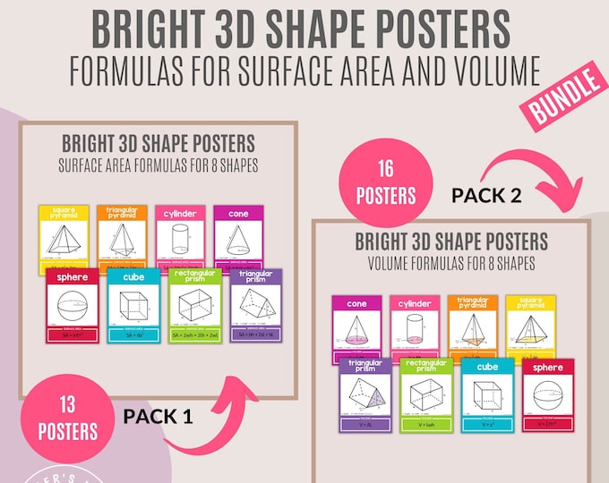 VOLUME and SURFACE AREA Formulas Posters Set, Geometry, 3D Shapes ...