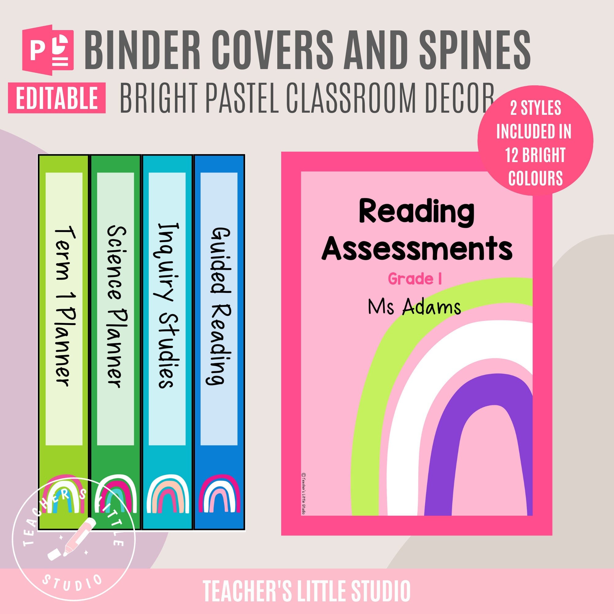 Bright Binder Covers and Spines Bright Rainbow Binder Labels Editable ...