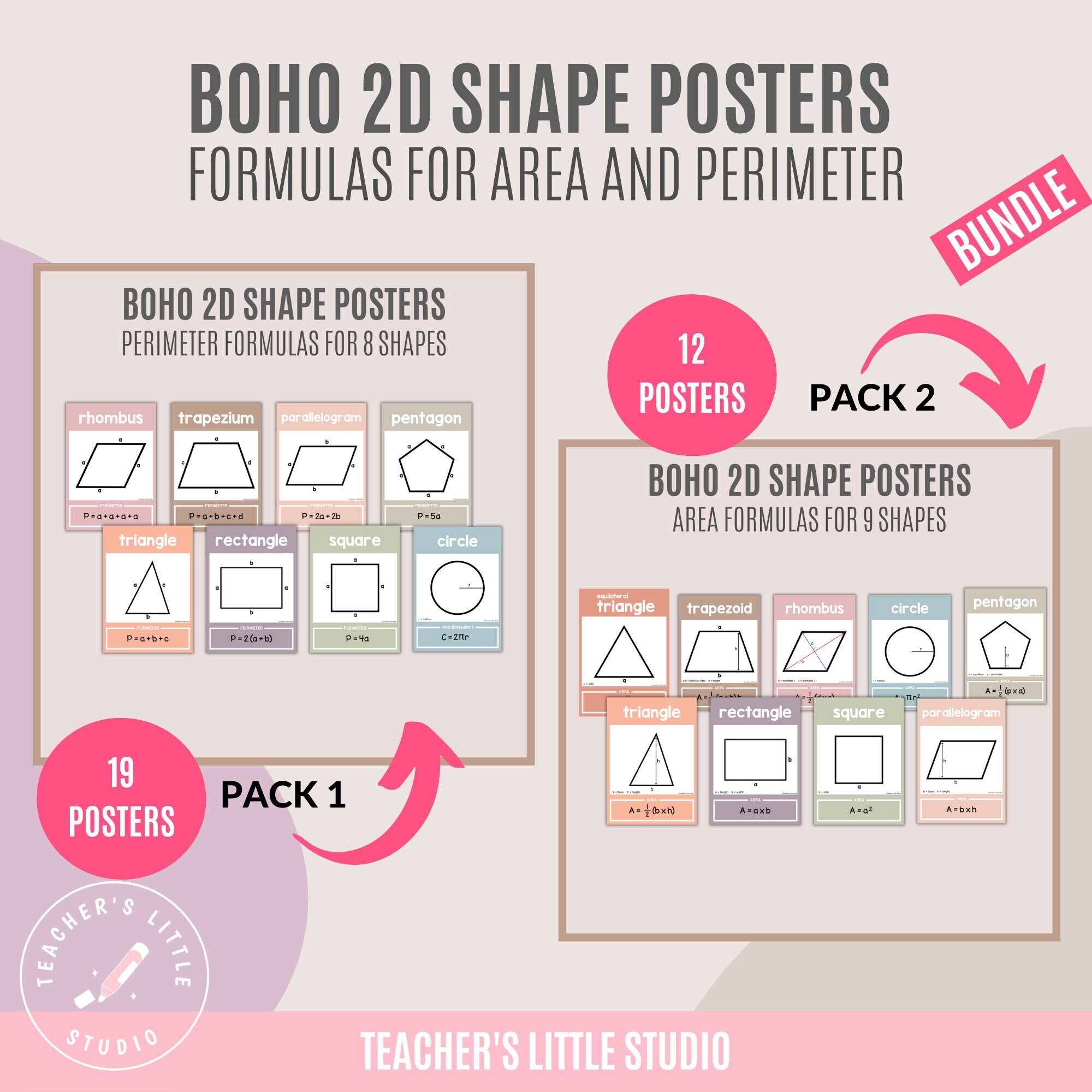 2D Shape Poster Bundle 2 Pack | Shape Poster Sets With Formulas for ...