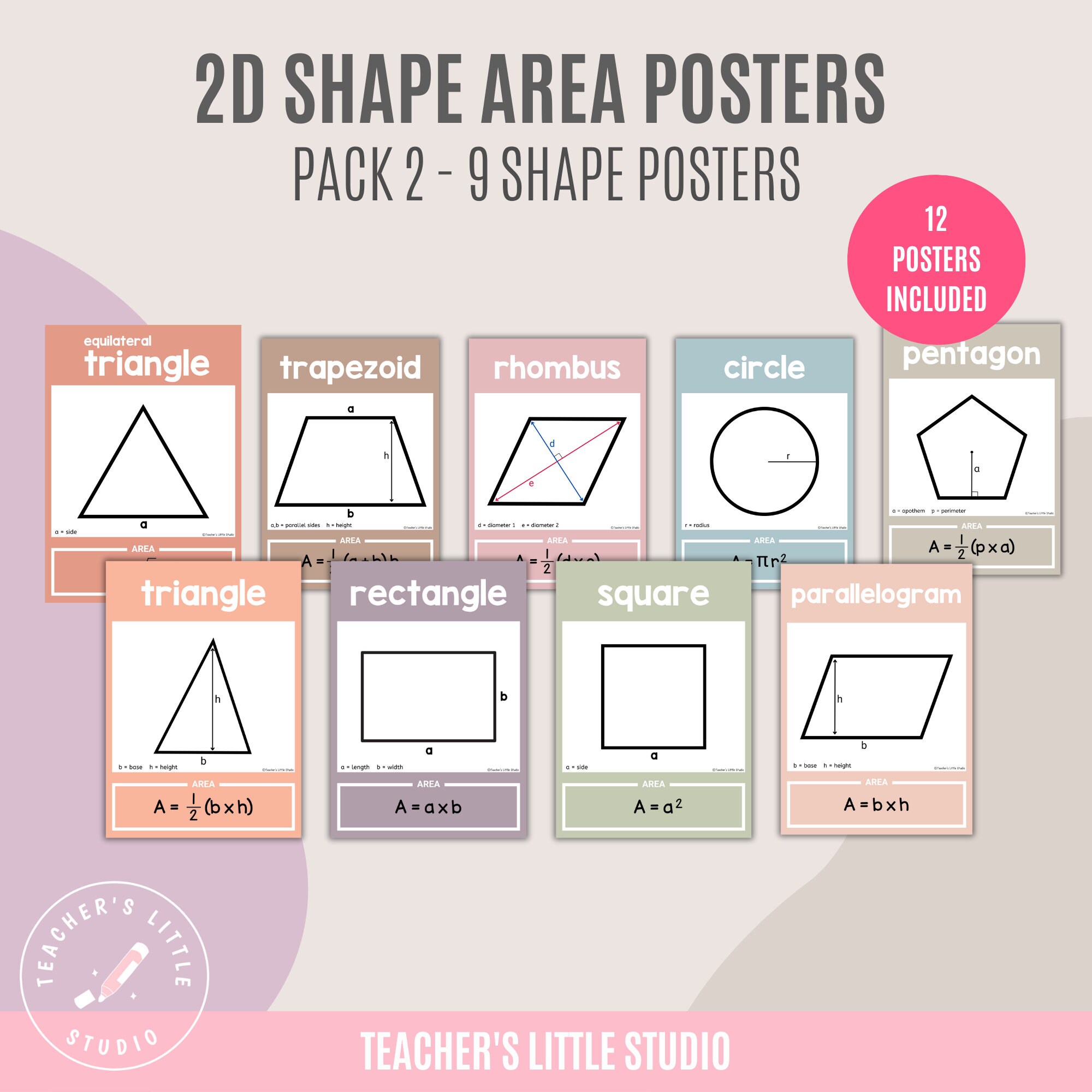 2D Shape Poster Bundle 2 Pack Shape Poster Sets With Formulas for ...