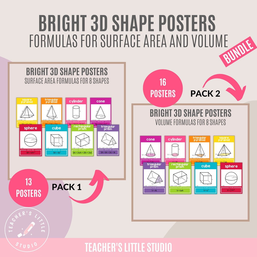 3D Shape Poster Bundle 2 Pack | Shape Poster Sets With Formulas for ...