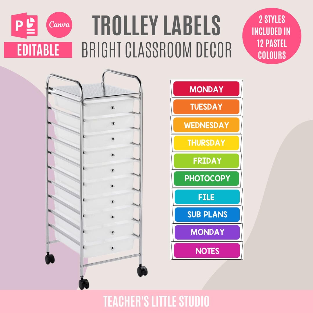 Boho Rainbow Teacher Trolley Labels | 10 Drawer Rolling Cart Labels ...