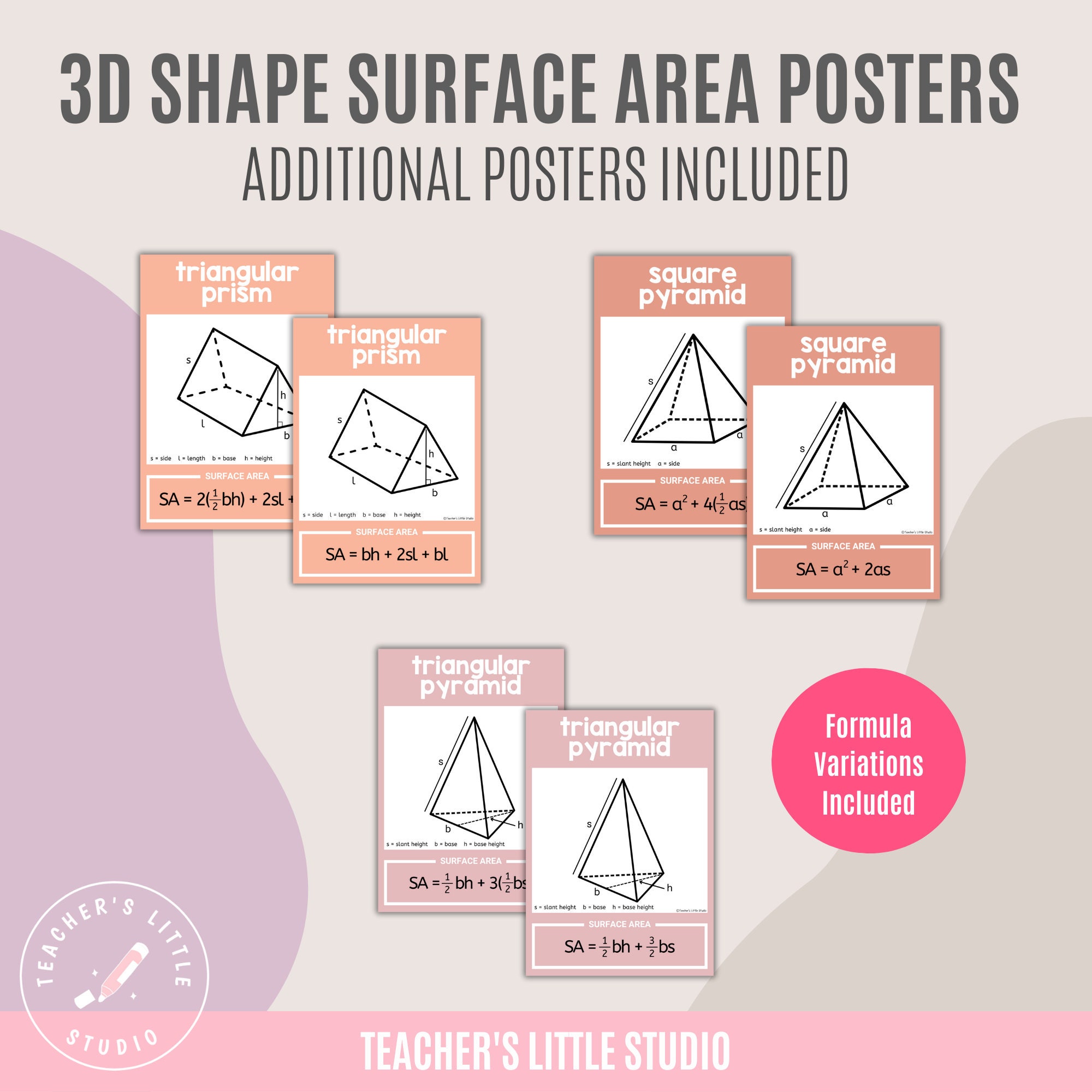 3D Shape Poster Bundle 2 Pack Shape Poster Sets With Formulas for ...
