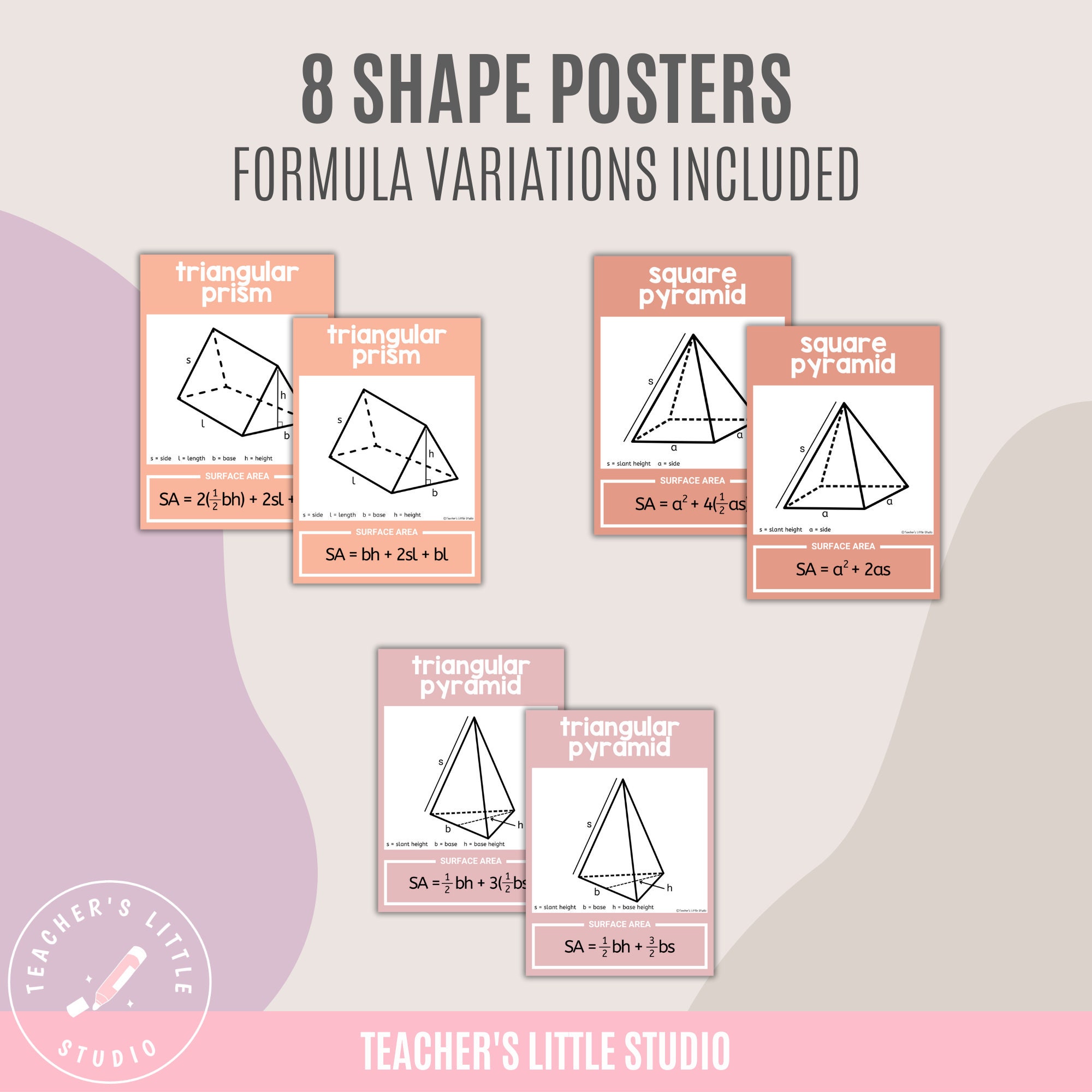 Surface Area Formula Posters Set of 8 Posters Geometry Posters Math ...