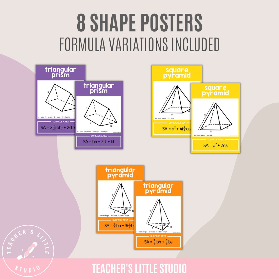 Surface Area Formula Posters Set of 8 Posters Geometry Posters Math ...