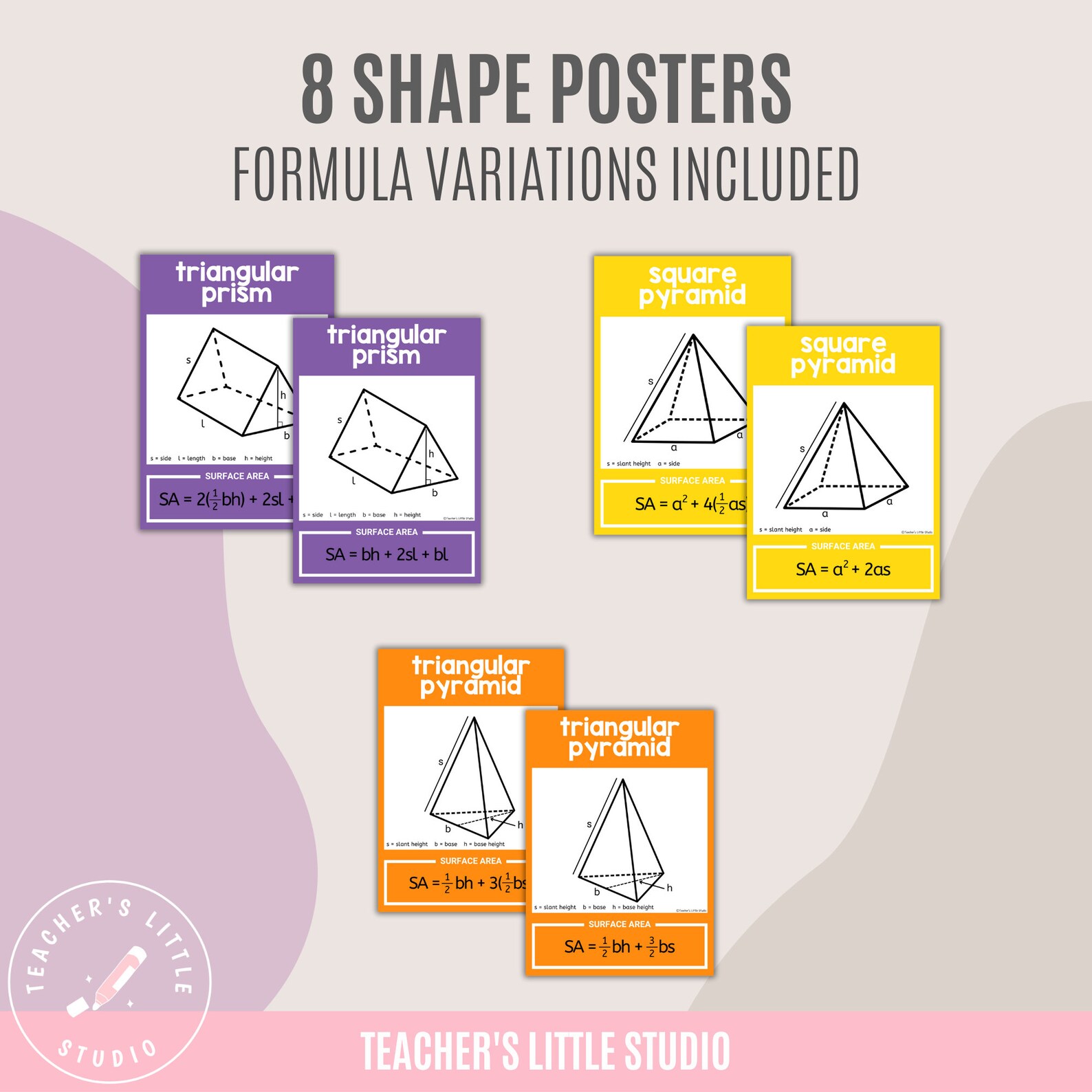 Surface Area Formula Posters Set of 8 Posters Geometry Posters Math ...