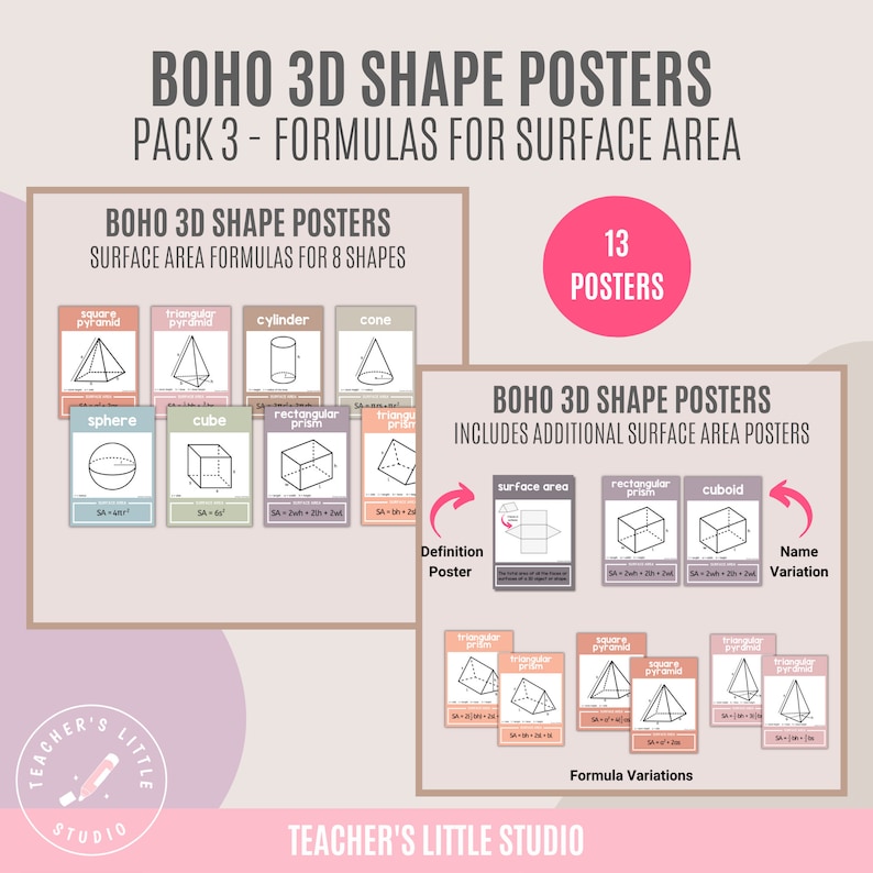 2D & 3D Shape Poster Bundle 4 Pack Shape Poster Sets With Formulas for ...
