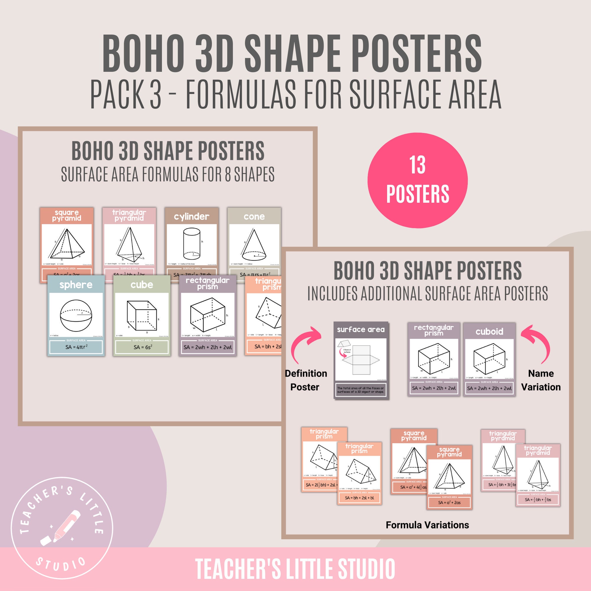 2D & 3D Shape Poster Bundle 4 Pack Shape Poster Sets With Formulas for ...