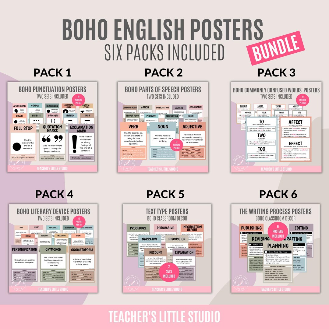 Boho English Posters Bundle | Punctuation | Parts of Speech | Commonly ...