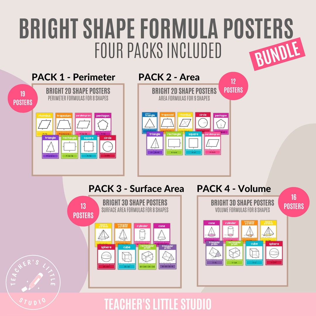 2D & 3D Shape Poster Bundle 4 Pack Shape Poster Sets With Formulas for ...