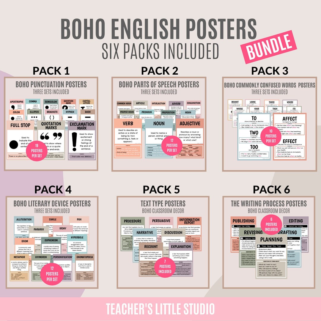 Boho English Posters Bundle Punctuation Parts of Speech Commonly ...