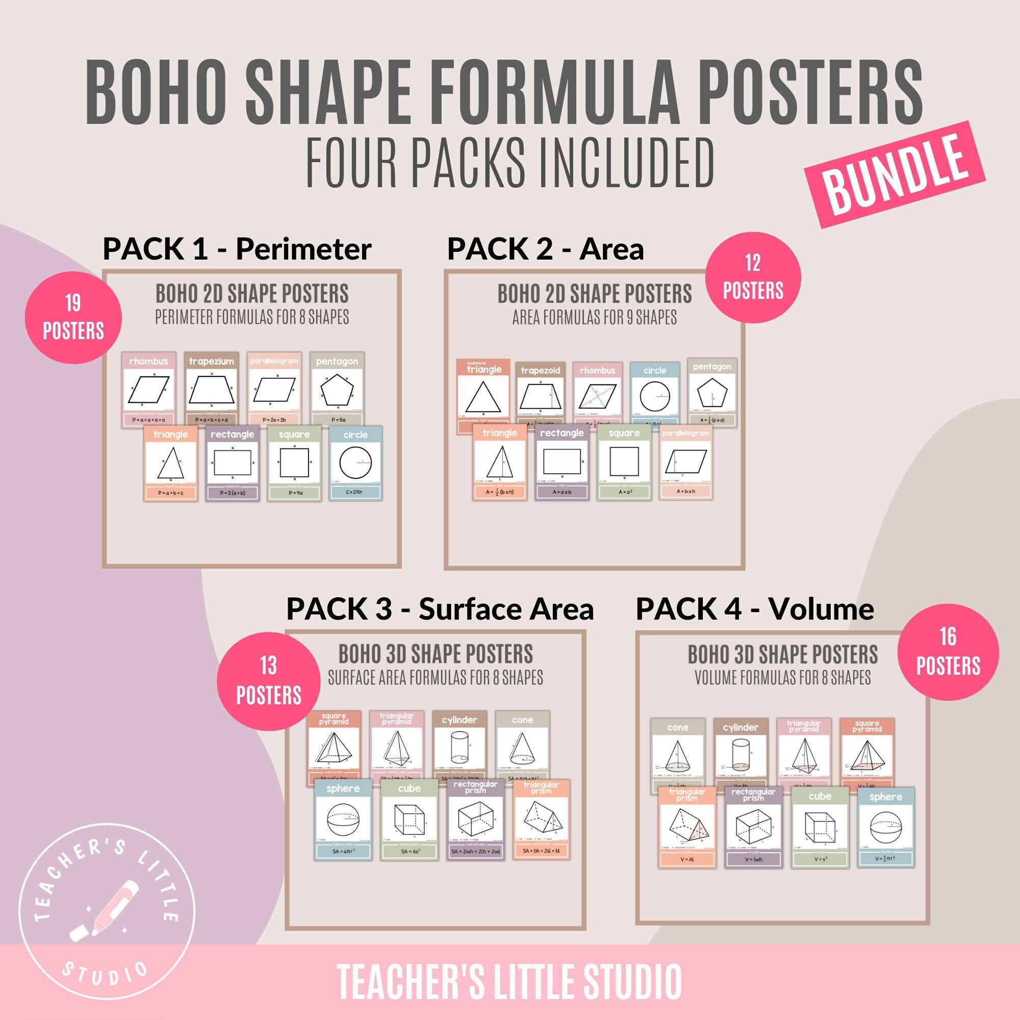 2D & 3D Shape Poster Bundle 4 Pack | Shape Poster Sets With Formulas ...
