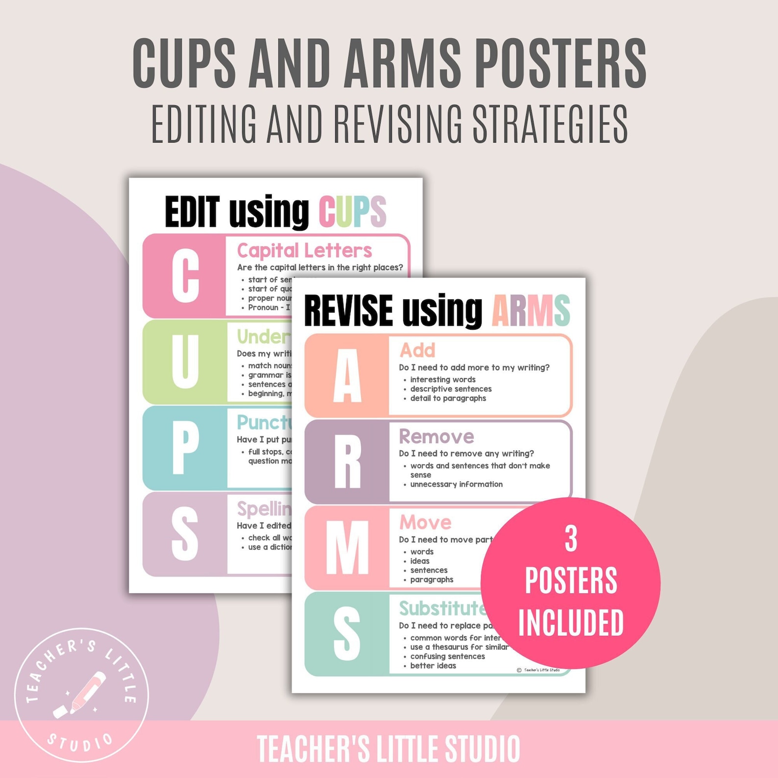 Cups and Arms Writing Strategy Posters | Editing and Revising Posters ...
