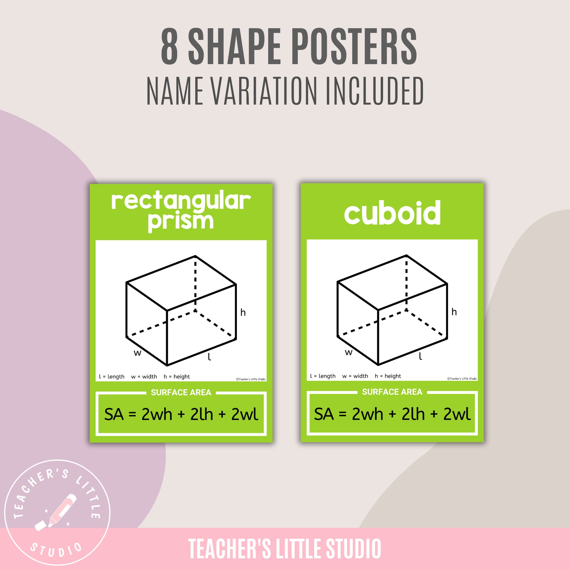 Surface Area Formula Posters Set of 8 Posters Geometry Posters Math ...