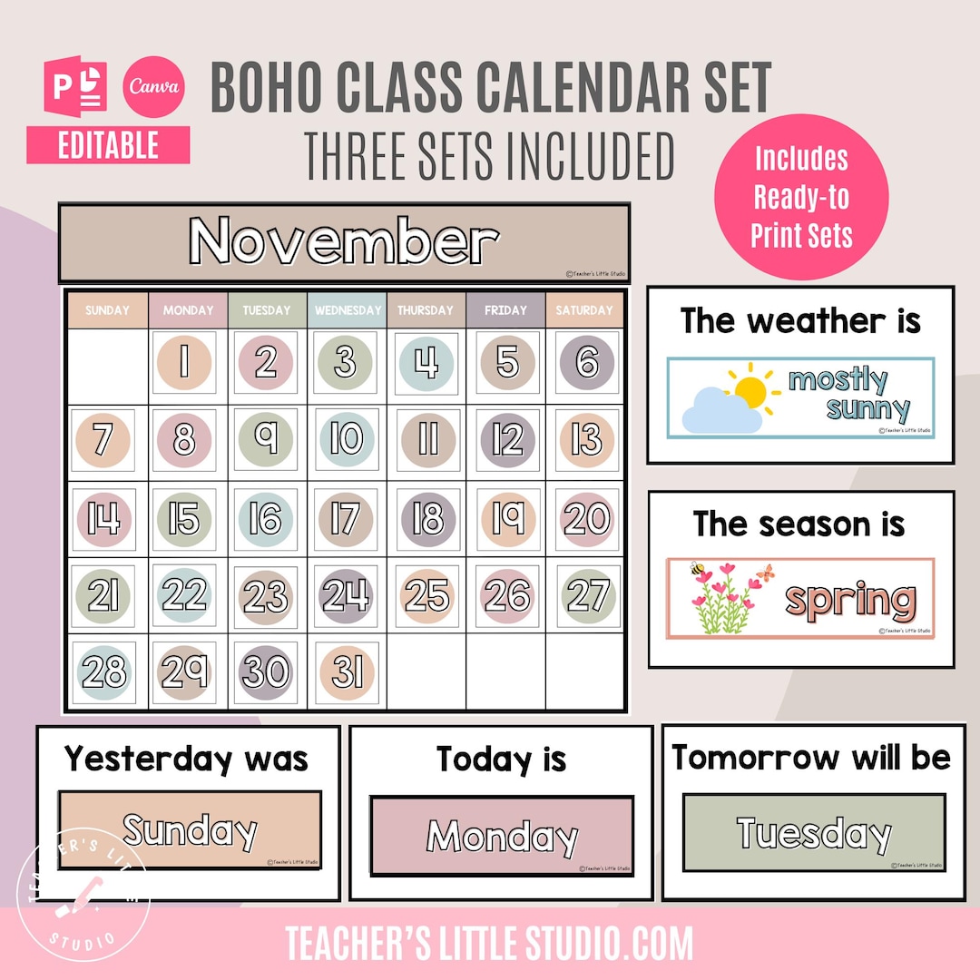 Classroom Calendar Set and Weather Display | Edit in Canva and ...