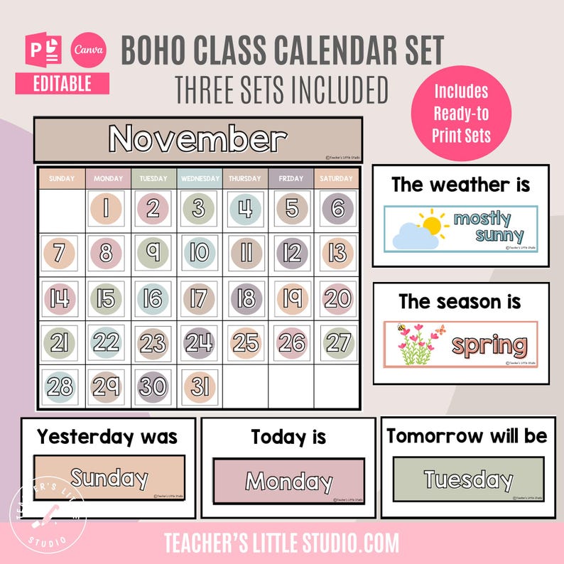 Classroom Calendar Set and Weather Display | Edit in Canva and ...