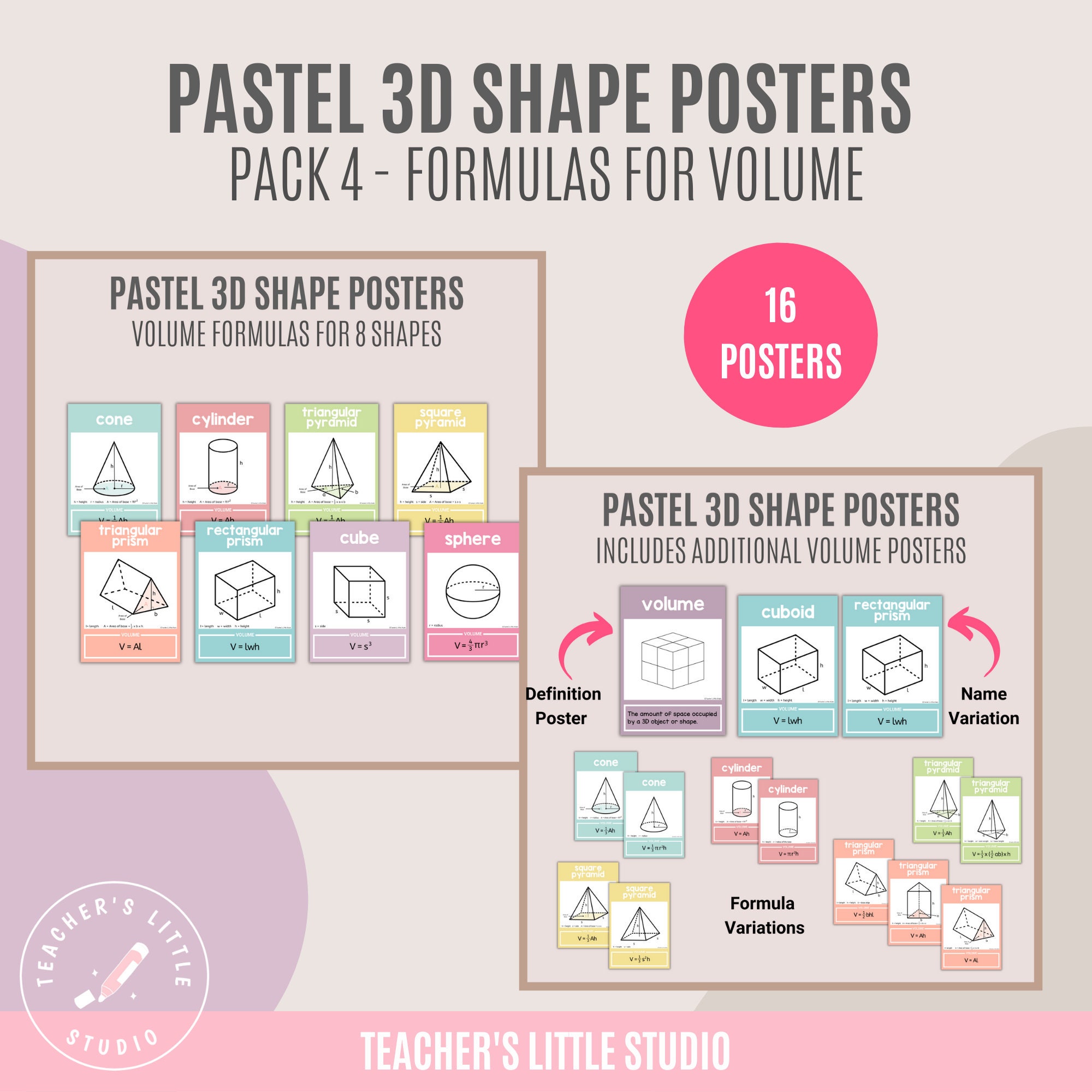 2D & 3D Shape Poster Bundle 4 Pack Shape Poster Sets With Formulas for ...