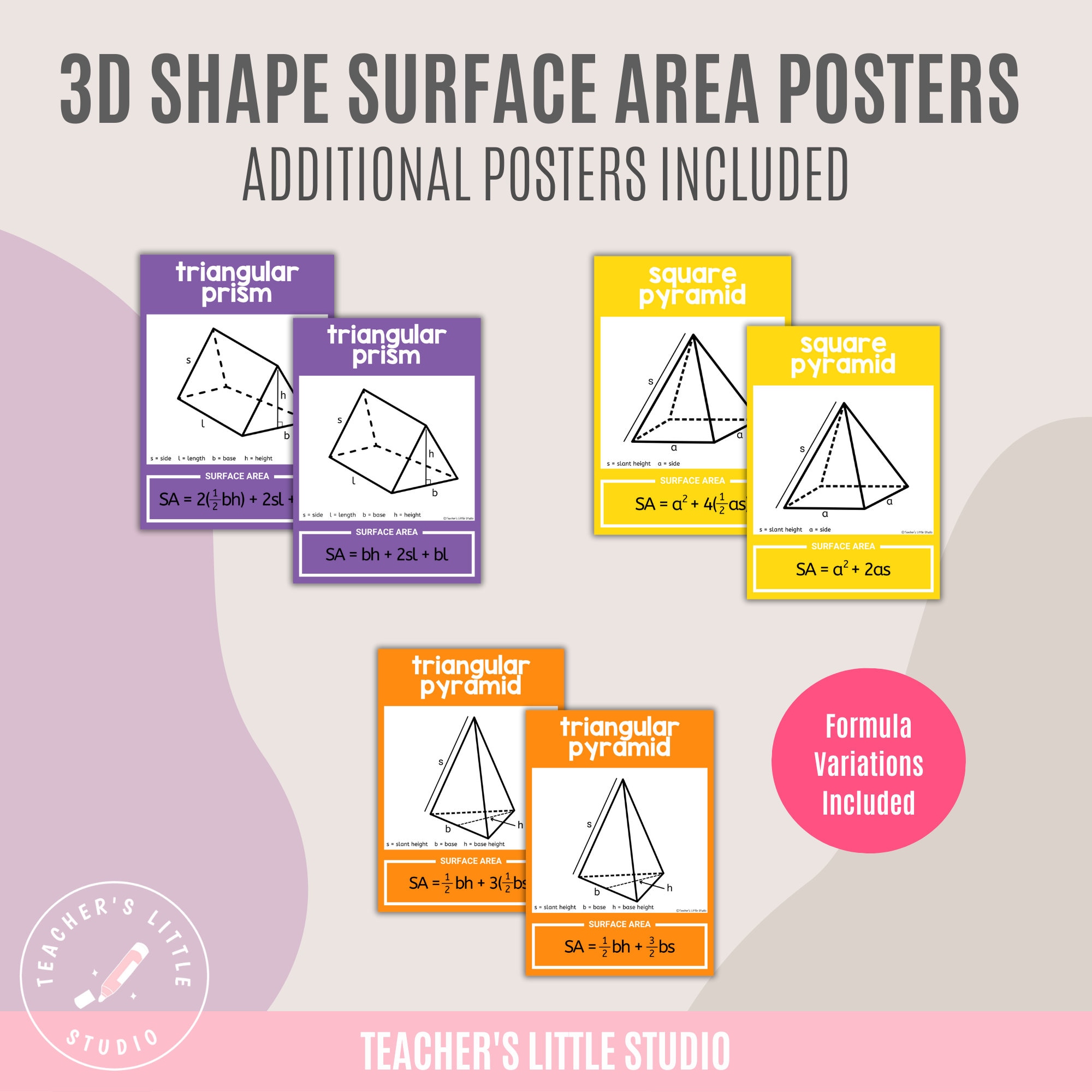 3D Shape Poster Bundle 2 Pack Shape Poster Sets With Formulas for ...