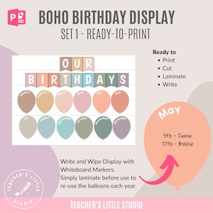 Boho Balloon Birthday Display | Classroom Birthday Bulletin Board ...