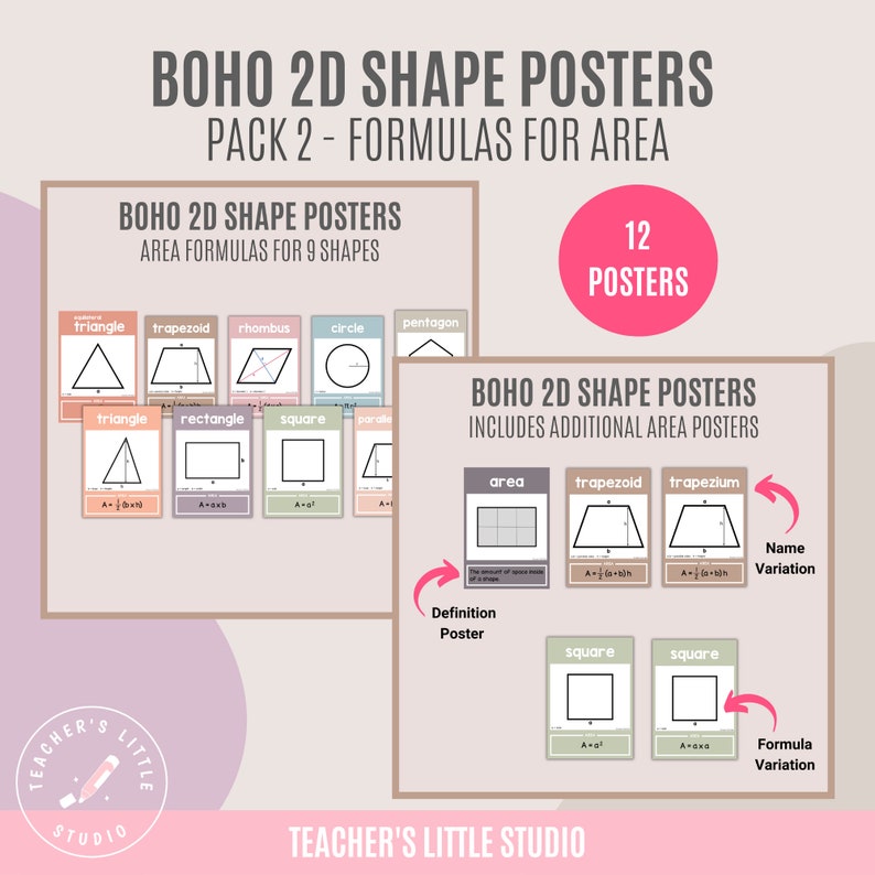 2D & 3D Shape Poster Bundle 4 Pack Shape Poster Sets With Formulas for ...