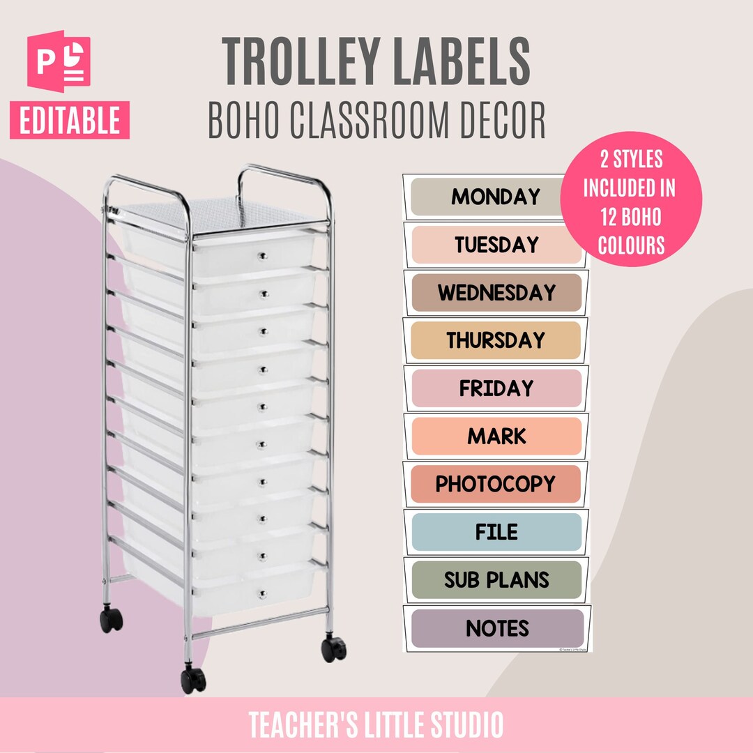 Boho Rainbow Teacher Trolley Labels | 10 Drawer Rolling Cart Labels ...