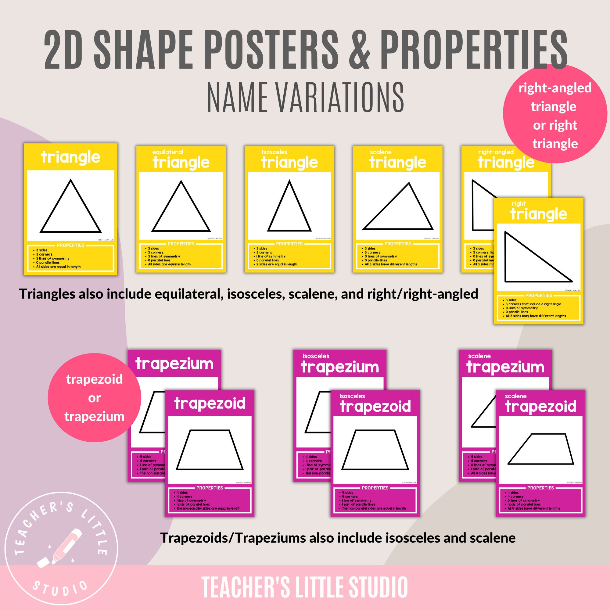 2D Shape Poster Sets With Properties Bright Classroom Decor Printable ...