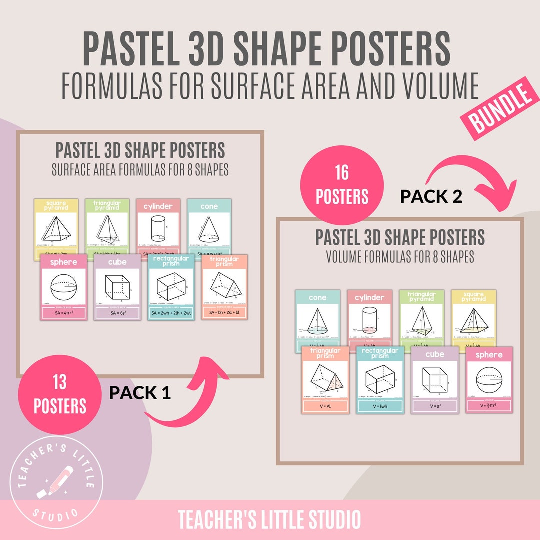 3D Shape Poster Bundle 2 Pack | Shape Poster Sets With Formulas for ...