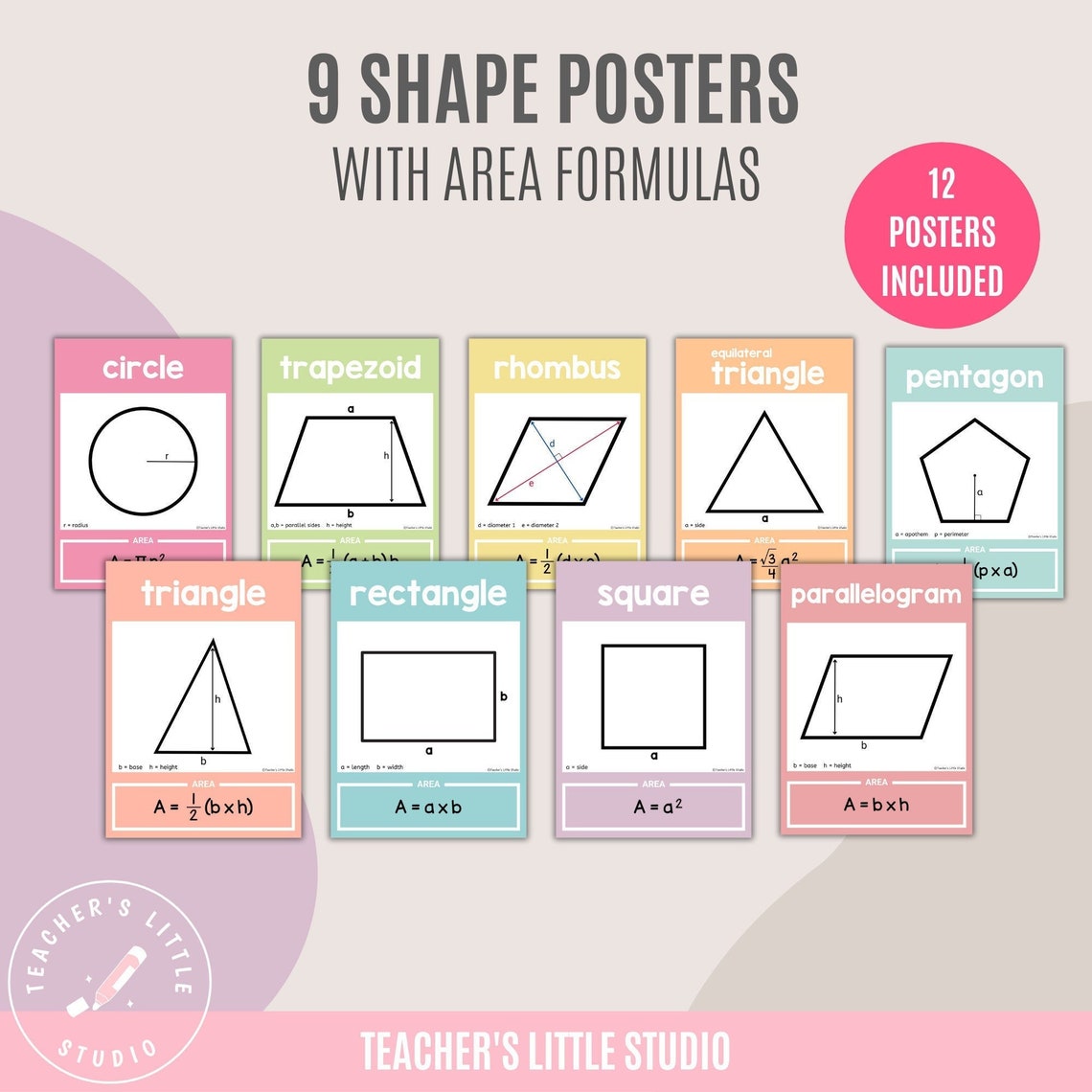 Area Formula Posters Set of 9 Posters Geometry Posters - Etsy