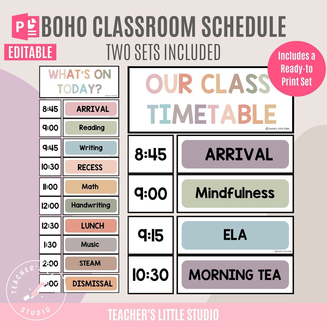 Boho Class Schedule | Editable Powerpoint Schedule Cards Ready-to-print ...