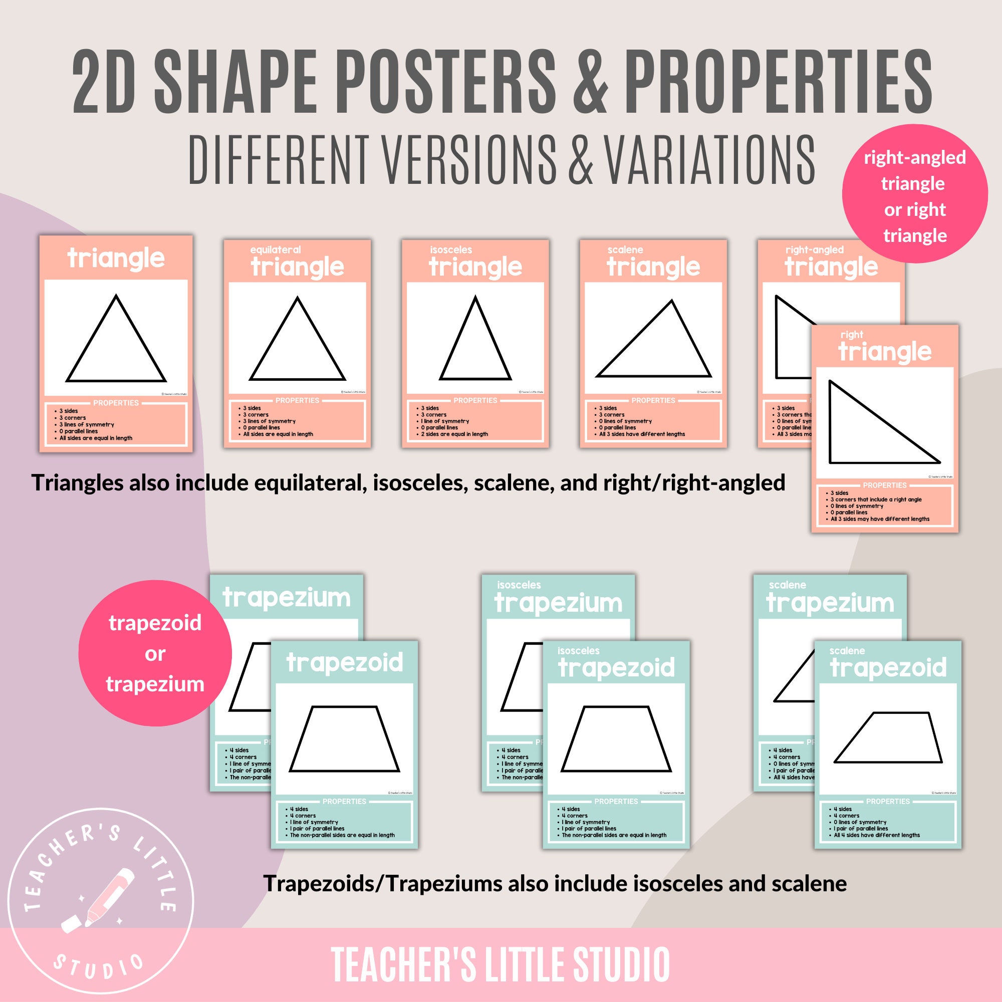 2D Shape Poster Sets With Properties Pastel Classroom Decor Printable ...
