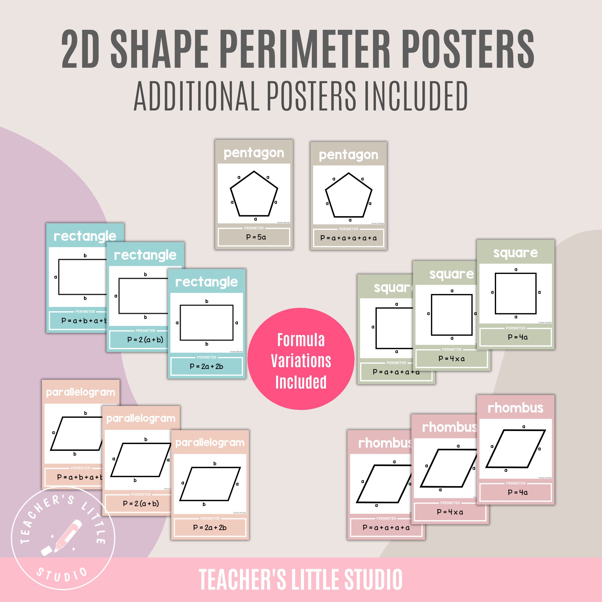 2D Shape Poster Bundle 2 Pack Shape Poster Sets With Formulas for ...