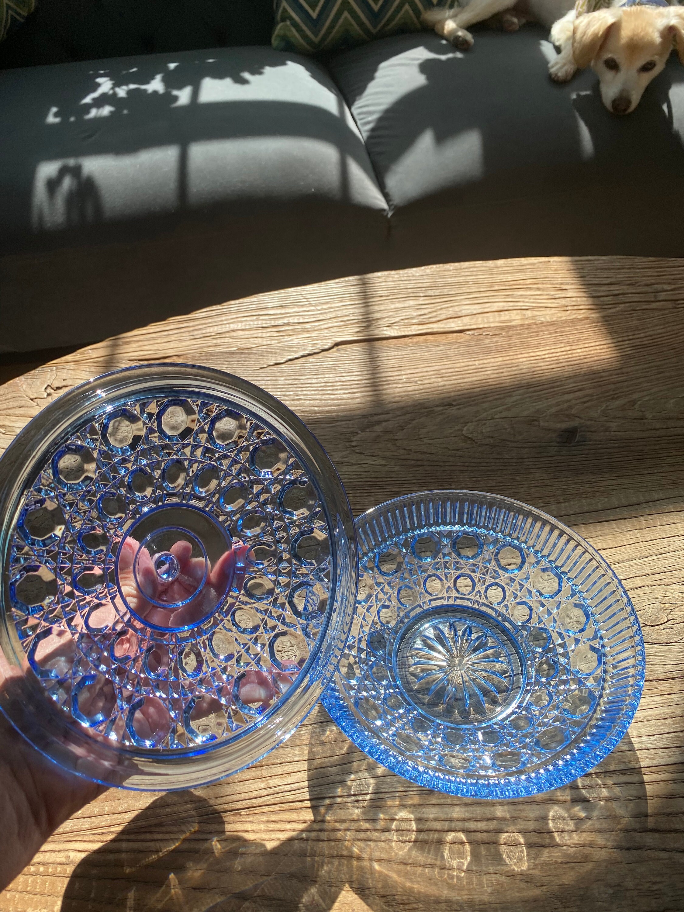 Indiana Glass Windsor Blue in Button and Cane Pattern Lidded Candy Dish ...