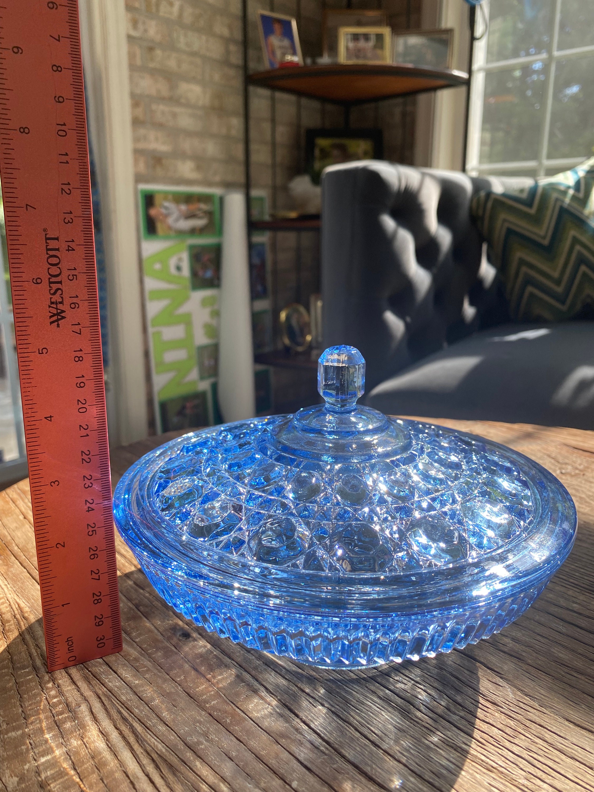 Indiana Glass Windsor Blue in Button and Cane Pattern Lidded Candy Dish ...